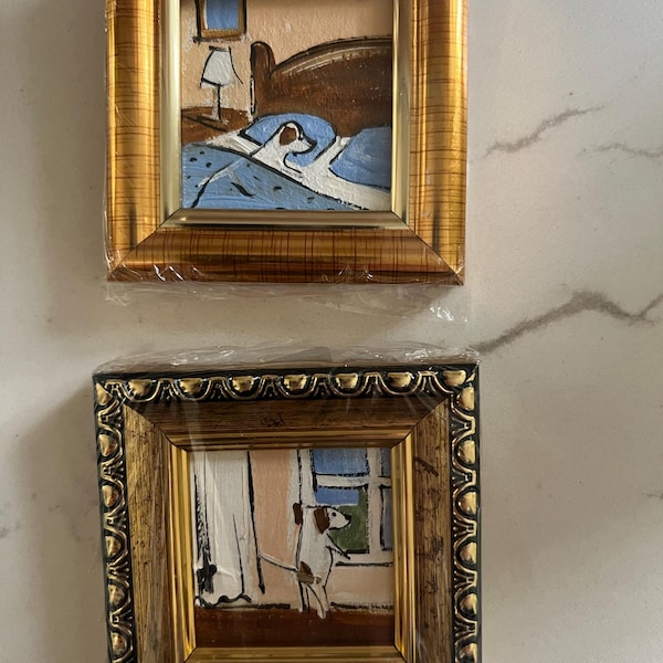 Chickadees Sparrow Oil Painting With Gold Leaf Original Framed 6x6 Gold ...