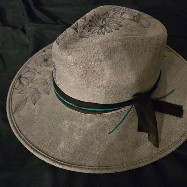Lavender Floral Burned Hat Cowboy Hat Ladies Western Explorer Hat Wedding Hat Wide Brim Fedora ...