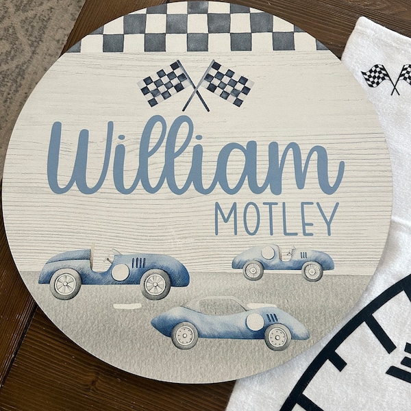 Race Car Round Wood Name Sign, Wood Baby Name Sign, Racecar Baby Name ...