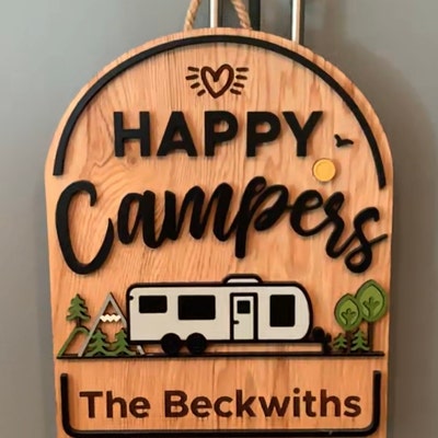 Happy Campers Personalized Welcome Sign Camper Door Hanger Wooden ...