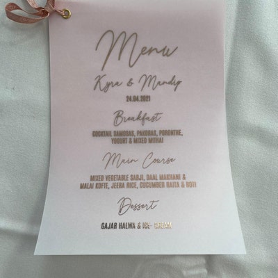 Personalised Wedding Menu Card With Guest Name Tag & Chiffon Ribbon ...