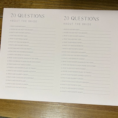 20 Questions About the Bride, Bridal Shower Game, How Well Do You Know ...