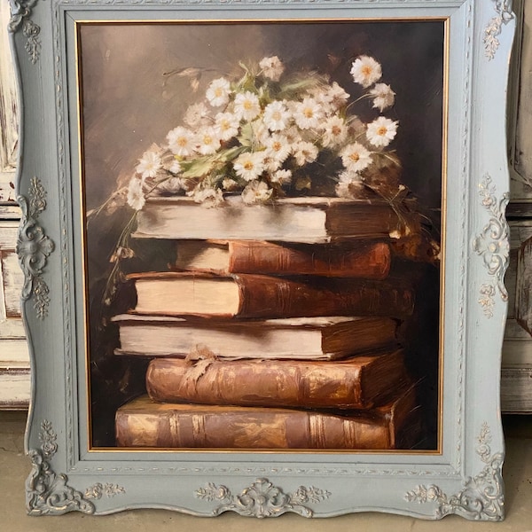 Book Stack Art Rustic Spring Wall Art Farmhouse Spring Print Spring Decor Dark Academia Decor ...