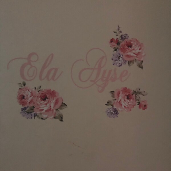 Girl Name Wall Stickers Nursery, Rose Peony Wall Decals Toddler Girl ...