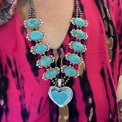 Full Squash Blossom Turquoise Feather Necklace - Etsy