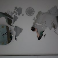 Large Wall Clock World Map Mirror With Gold Numbers and Clock Hands ...
