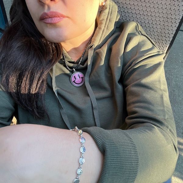 Green Medium SMILE FACE Pendant - STERLING Silver - Glass Enamel ...