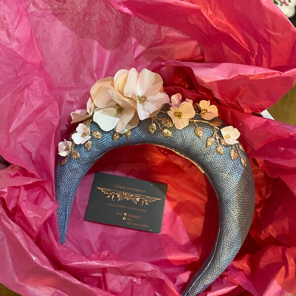 Peach and Powder Blue Birdcage Veiling Feather Fascinator, Headband ...