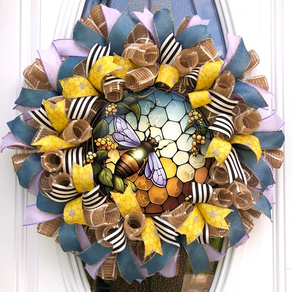 Round Faux Stained Glass Bee Wreath Sign, Floral Wreath Sign ...