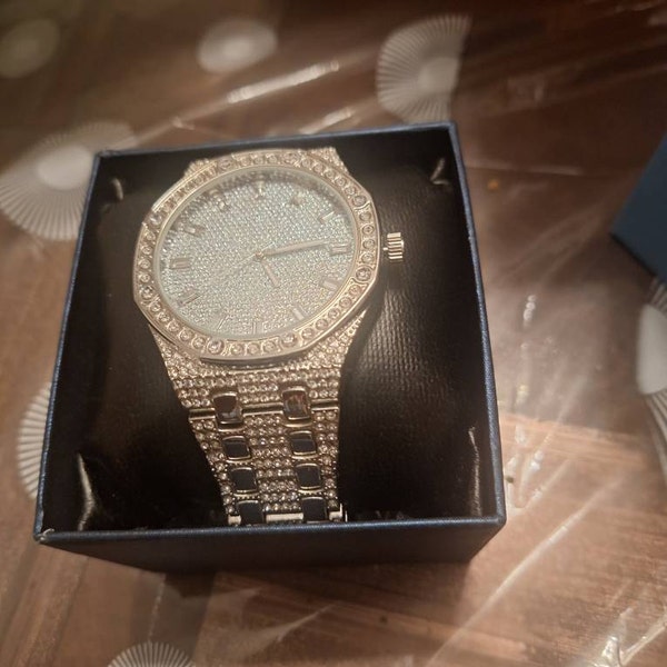 Mens Iced Out Black Red Dial Hip Hop Party Rap Round Shaped White Gold ...