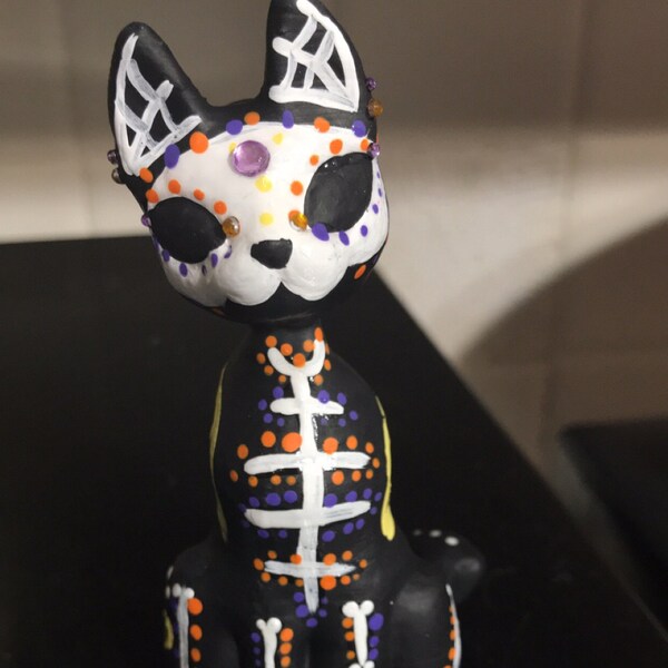 Sugar Skull Cat Day of the Dead Sculpture Figurine Hand Painted 3D ...