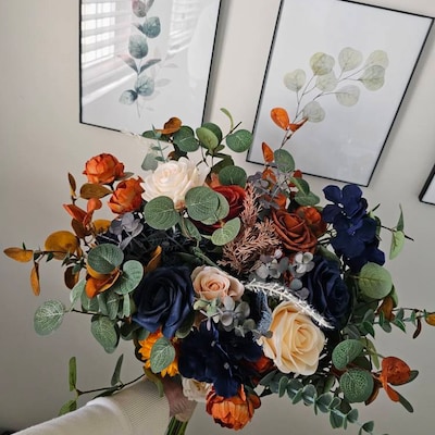 Wedding Bouquet With Navy Blue and Rust Orange Flowers, Bridesmaids ...