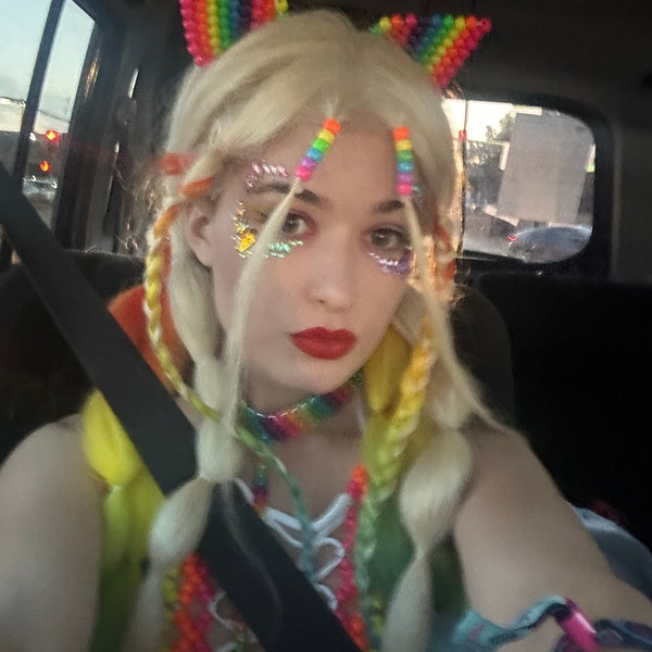 Glow in the Dark Rainbow Kandi Cat Ears Headband: Rave Festival Costume ...