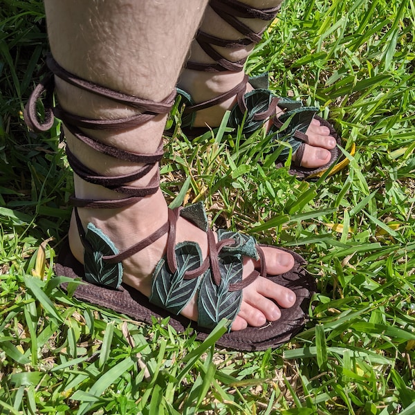 Leaf Sandals / Handmade Leather Lace up Sandals Unisex Gladiator Forest ...