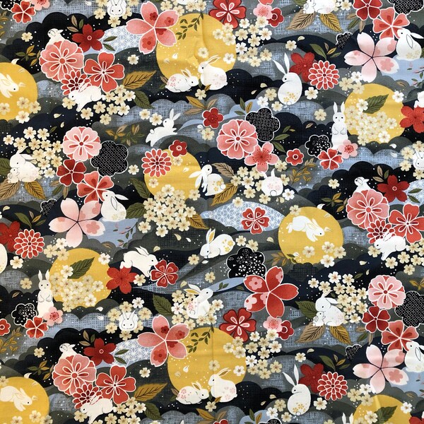 The Moon Rabbit Japanese Floral Night - Paintbrush Studio Cotton Fabric ...