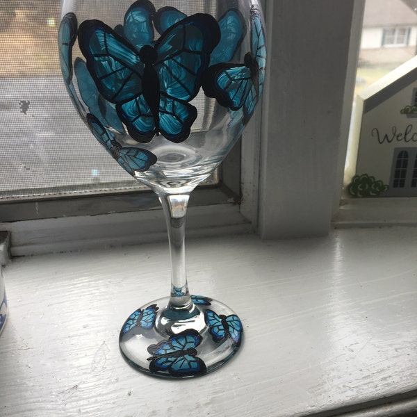 Blue Butterfly Wine Glass - Tropical Butterfly Wine Glass - Blue Morpho ...