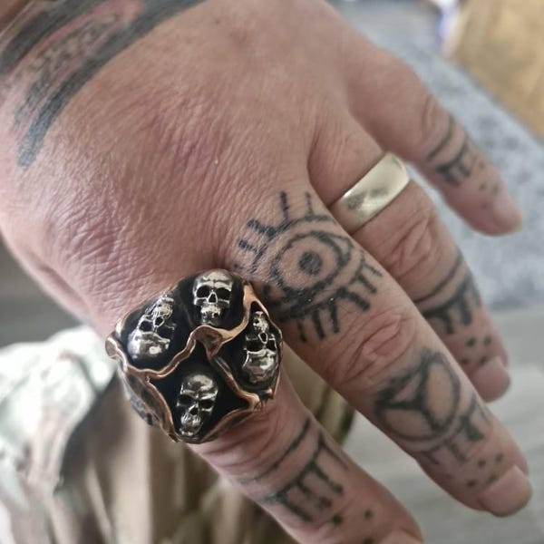 Silver Skull Ring, Four Head Skull Ring, Hammered Skull Ring, Skeleton ...