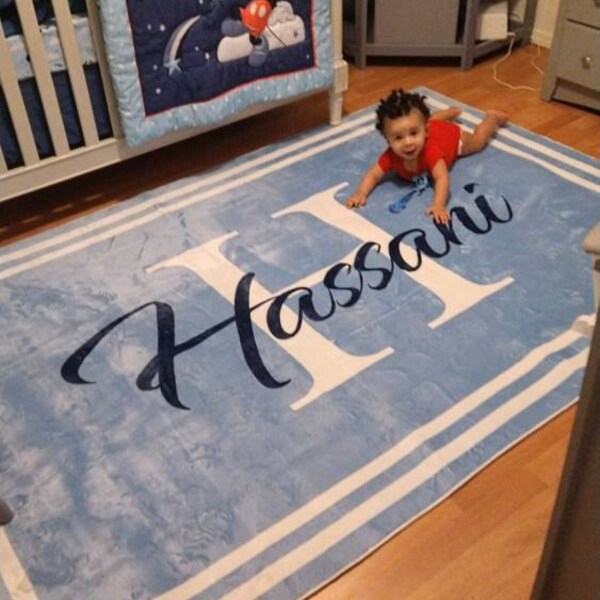Custom Monogram Nursery Blue Rug, Personalized Baby Boy Room Carpet ...