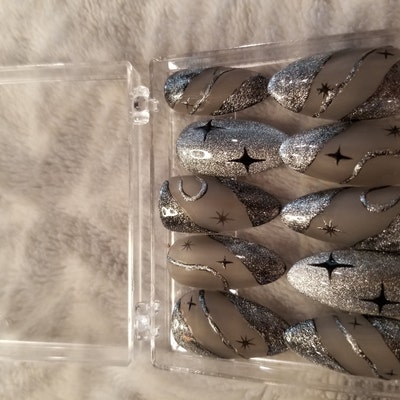 Black Stars Press on Nails, Black Coffin Nails, Custom Fake Nails, Handpainted False Nails ...