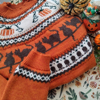 Pumpkins Cats Handmade Sweater Jumper. Acrylic Vegan Wool, Fall ...