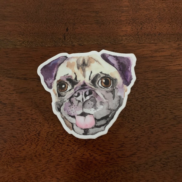 Pug Die Cut Vinyl Sticker, Pug Face Sticker, Watercolor Pug Sticker ...