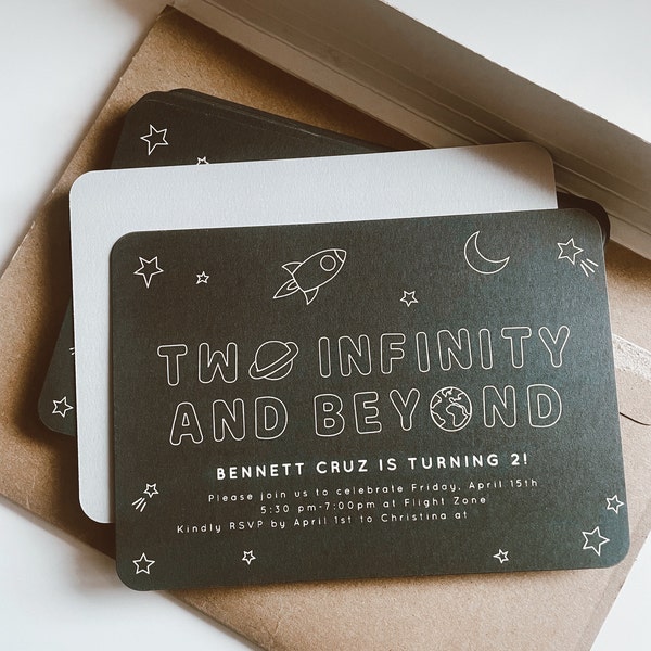 Two Infinity and Beyond Birthday Invite | Moon, Stars, Black and White ...