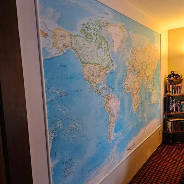 Giant World Map Wall Mural: Removable Peel & Stick Fabric - Blue Ocean ...