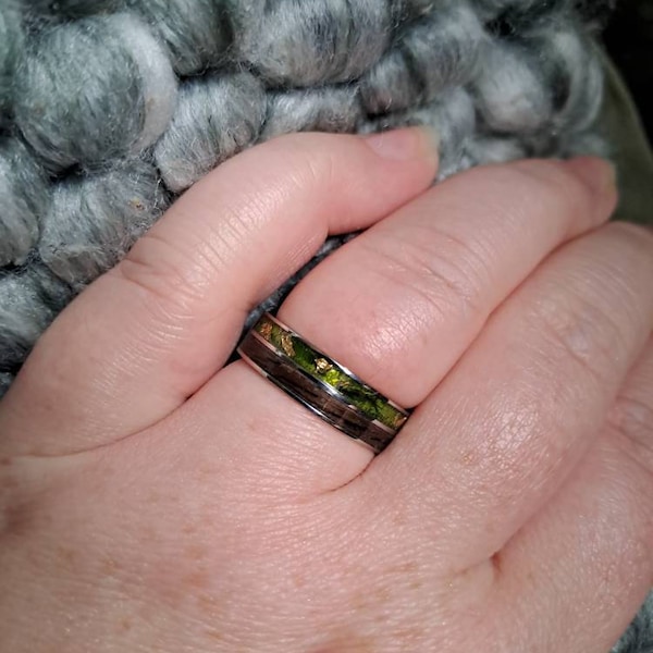 Titanium Wedding Band With Dark Oak, Titanium Ring With Hydrangea Green ...