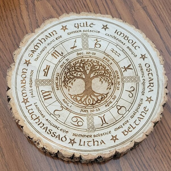 Wheel of the Year Engraved Onto Large Log Slice Wicca Annual Cycle of ...