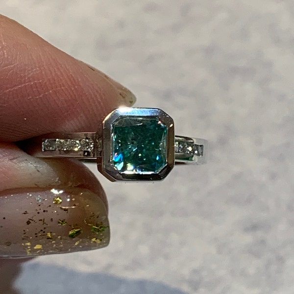 1.50 CT Cushion Cut Cyan Blue Moissanite Ring, Bezel Set, Channel Pave ...