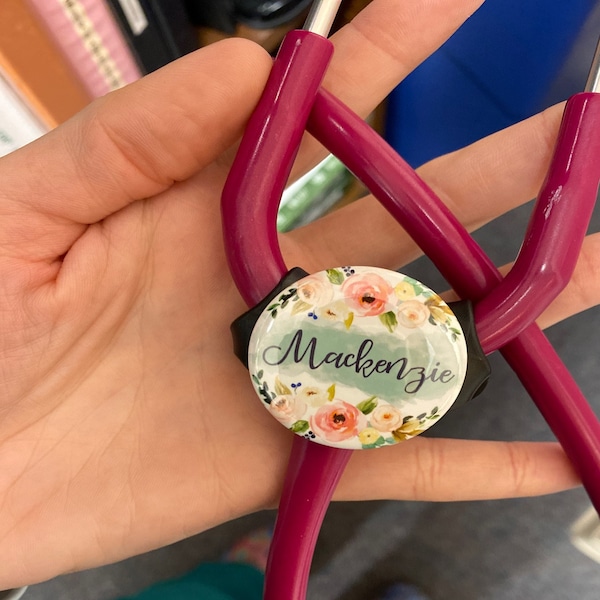 Floral Stethoscope ID Tag - Pink and Mint Yoke Style Stethoscope ID Tag ...
