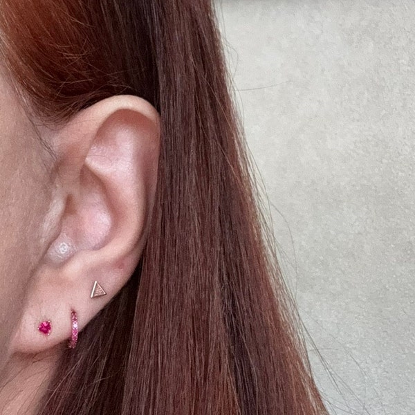 14k Solid Gold Ruby Heart Cartilage Piercing Pink Heart Helix Stud ...