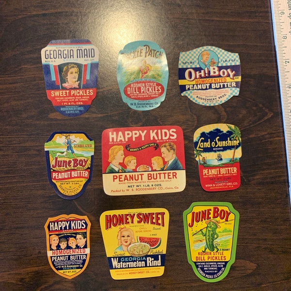 12 Lot Original Vintage Bottle Labels 1930s Pickles Peanut Butter Cairo ...
