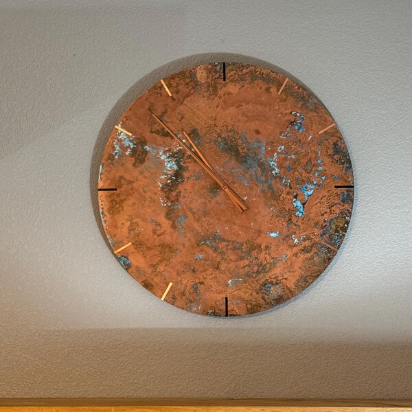 Wall Clock Round, Industrial Clock Copper Patina. Wall Art Copper ...