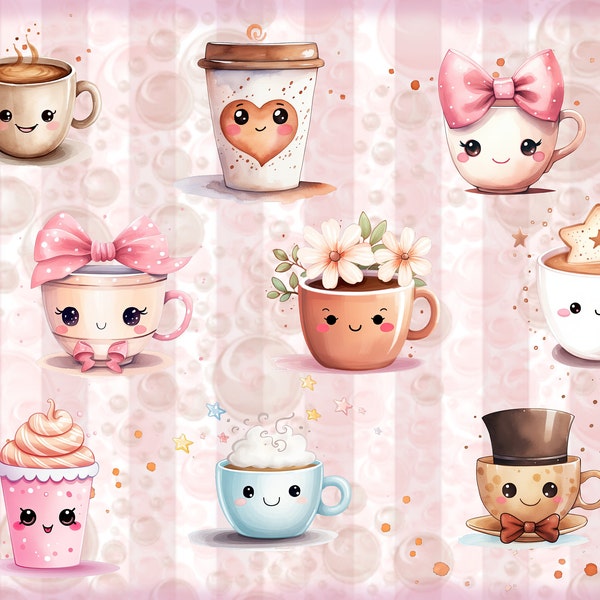Watercolor Kawaii Coffe Cup Clipart | Coffee Love, Cute Adorable Coffee ...