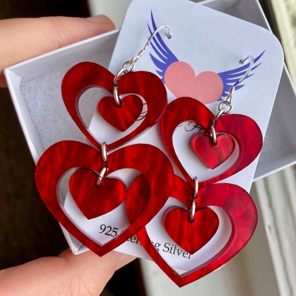 Red Nesting Hearts Acrylic Earrings, Laser Cut Love Statement Earrings ...