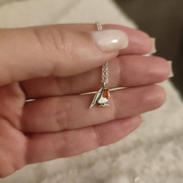 Dainty Robin Bird Necklace. Sterling Silver and Orange Enamel. Nature ...