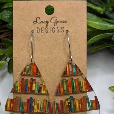 Clear Acrylic Bookshelf Teardrop Earrings, Librarian Earrings, Book ...