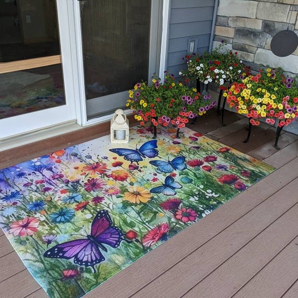Watercolor Wildflowers Butterflies Outdoor Rug | Colorful Floral Patio ...