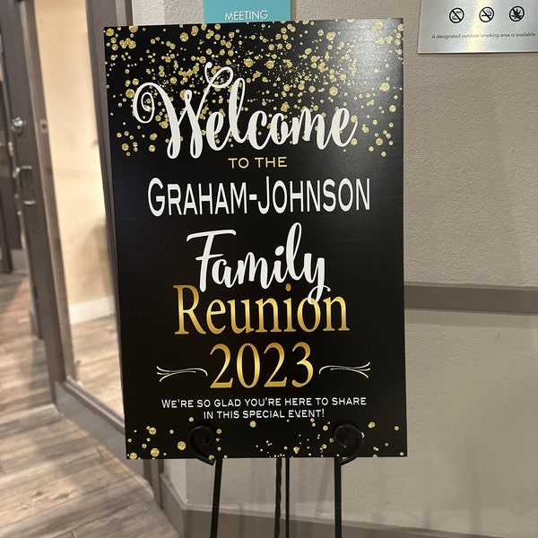 Family Reunion Personalized Welcome Sign | Gold Confetti on White or ...