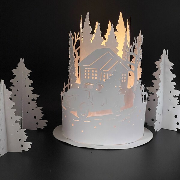 Paper Cut Lamp Christmas Truck With Tree - Paper Cutting Template - DIY ...