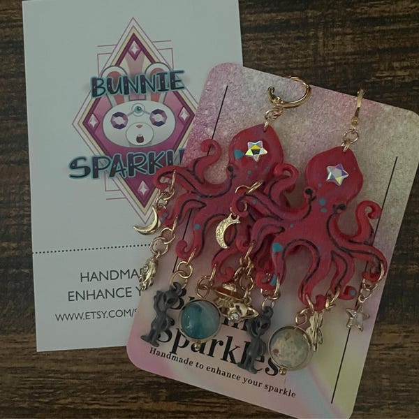 Space Octopus Polymer Clay Statement Earrings Red With Blue Splatter ...