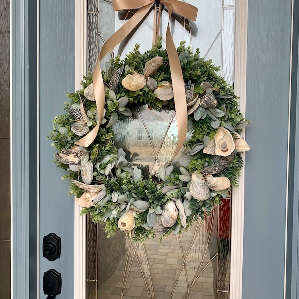 Coastal Wreath, Oyster Shell Wreath, Front Door Wreath, Year Round ...