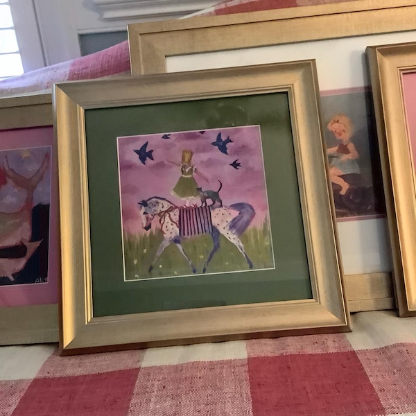 PRINT, 'blue Birds in Flight', Vintage Style, Bow, Whimsical Painting ...