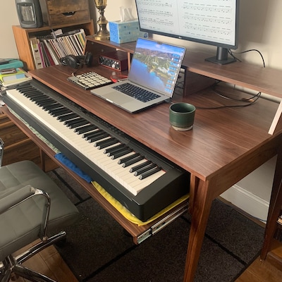 PIANO DRAWER Desk With Wooden Legs and Dark Brown Laminated Plywood Top ...