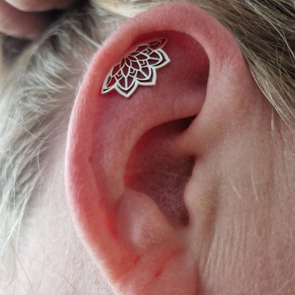 Boho Helix Earring • Geometric Mandala Lotus Flower Hidden Helix • Piercing 18G 16G • Cartilage ...
