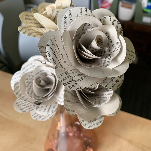 Book Page Roses With Stem, Vintage Paper Flowers, Literary Wedding ...
