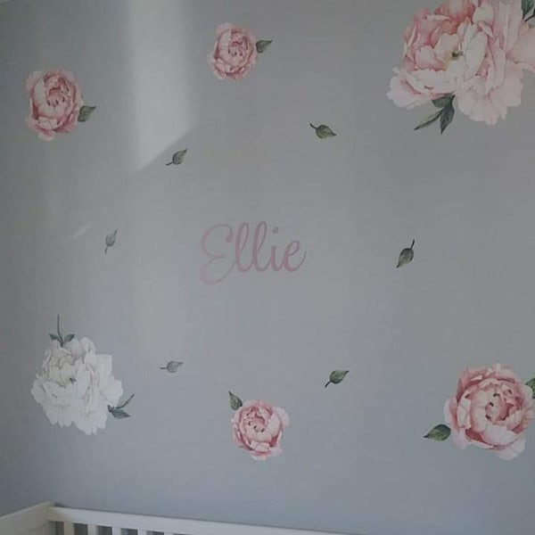 Peony Name Wall Decal Girl Nursery, Watercolor Peonies Sticker, Bush ...