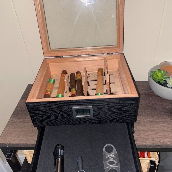 Mill Glass Top Humidor Matte Black Wood Grain, Front Digital Hygrometer ...