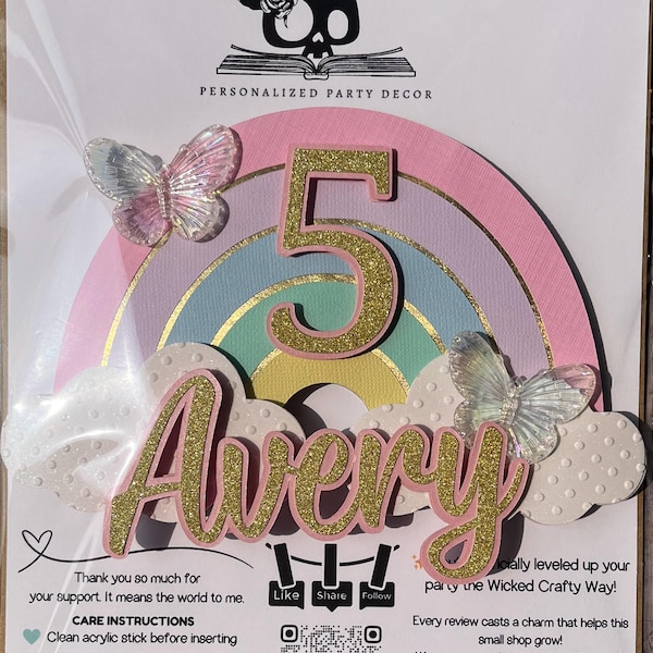 Personalized Pastel Rainbow Cake Topper: Butterfly Birthday Party Decor ...